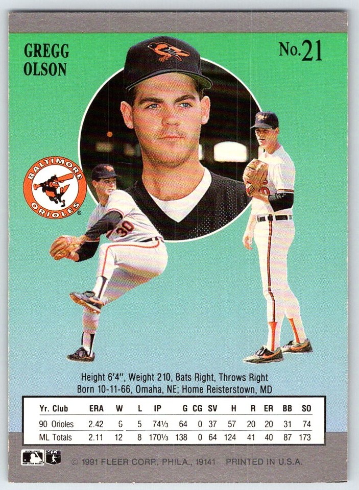1991 Fleer Ultra Baseball Card Gregg Olson #21 Baltimore Orioles | eBay