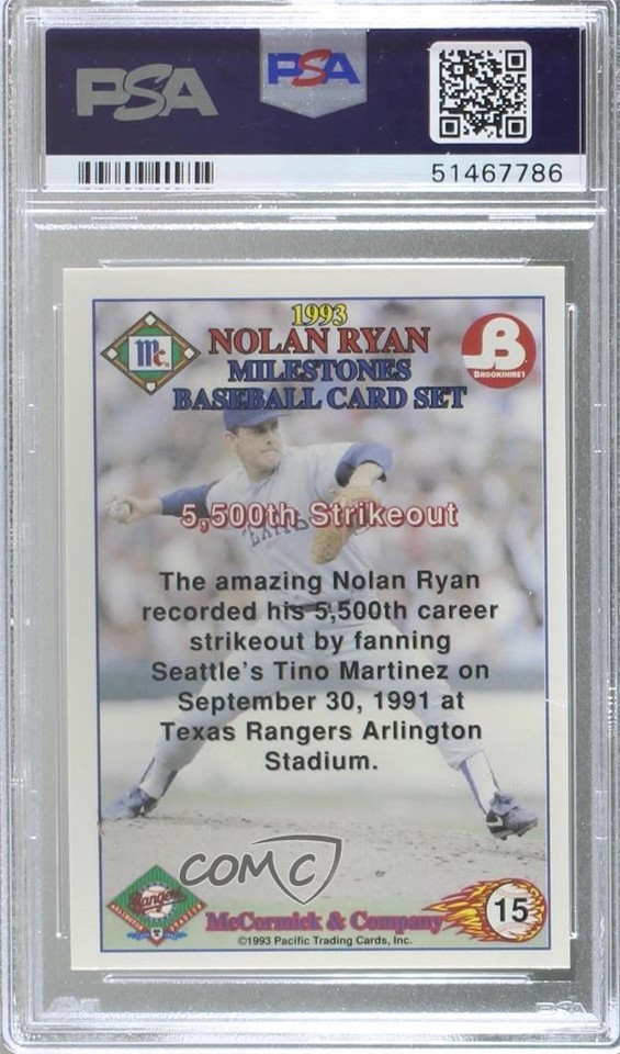 1993 Pacific McCormick/Brookshire's Milestones Nolan Ryan #15 PSA 9 ...
