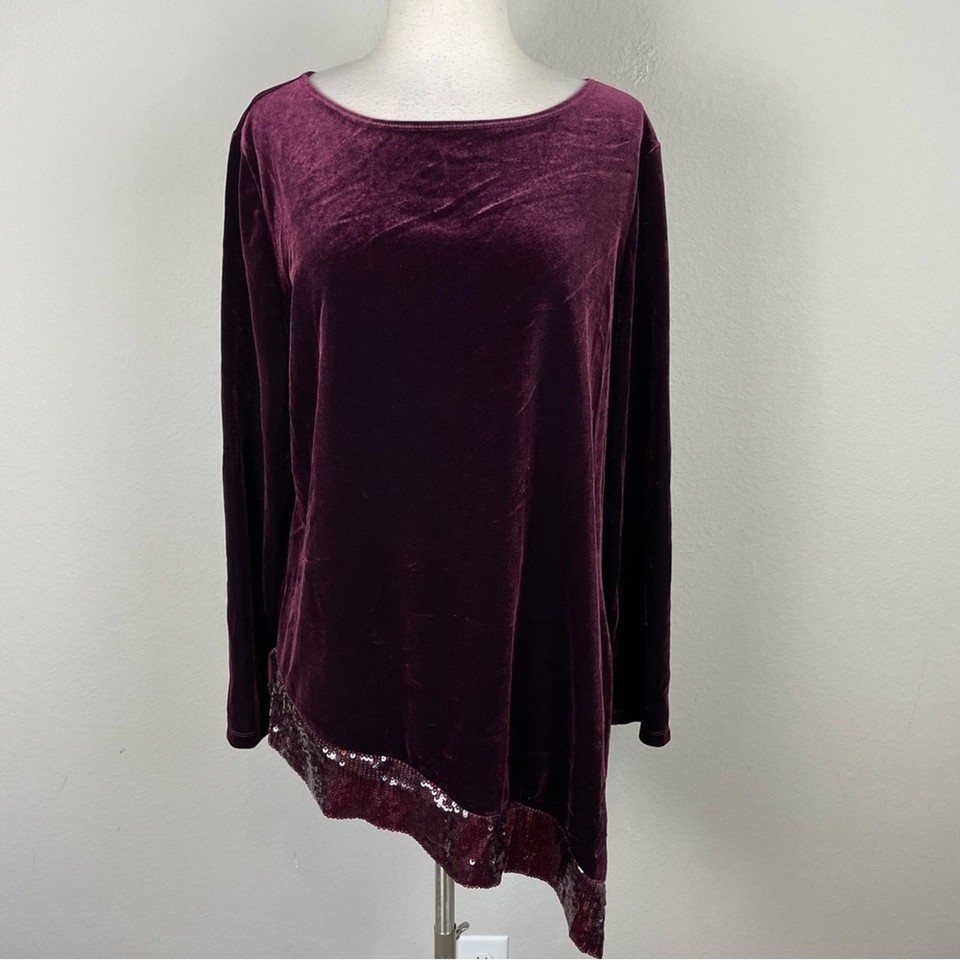 Chico's Maroon Velvet Sequin Asymmetrical Border Long Sleeve Top 2 | eBay