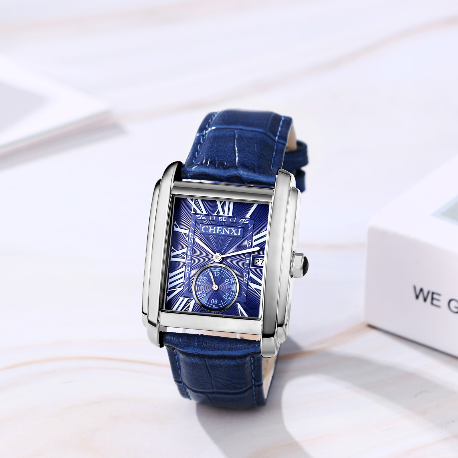 Mens Waterproof Rectangle Watch Roman Numerals Dial Quartz Date ...