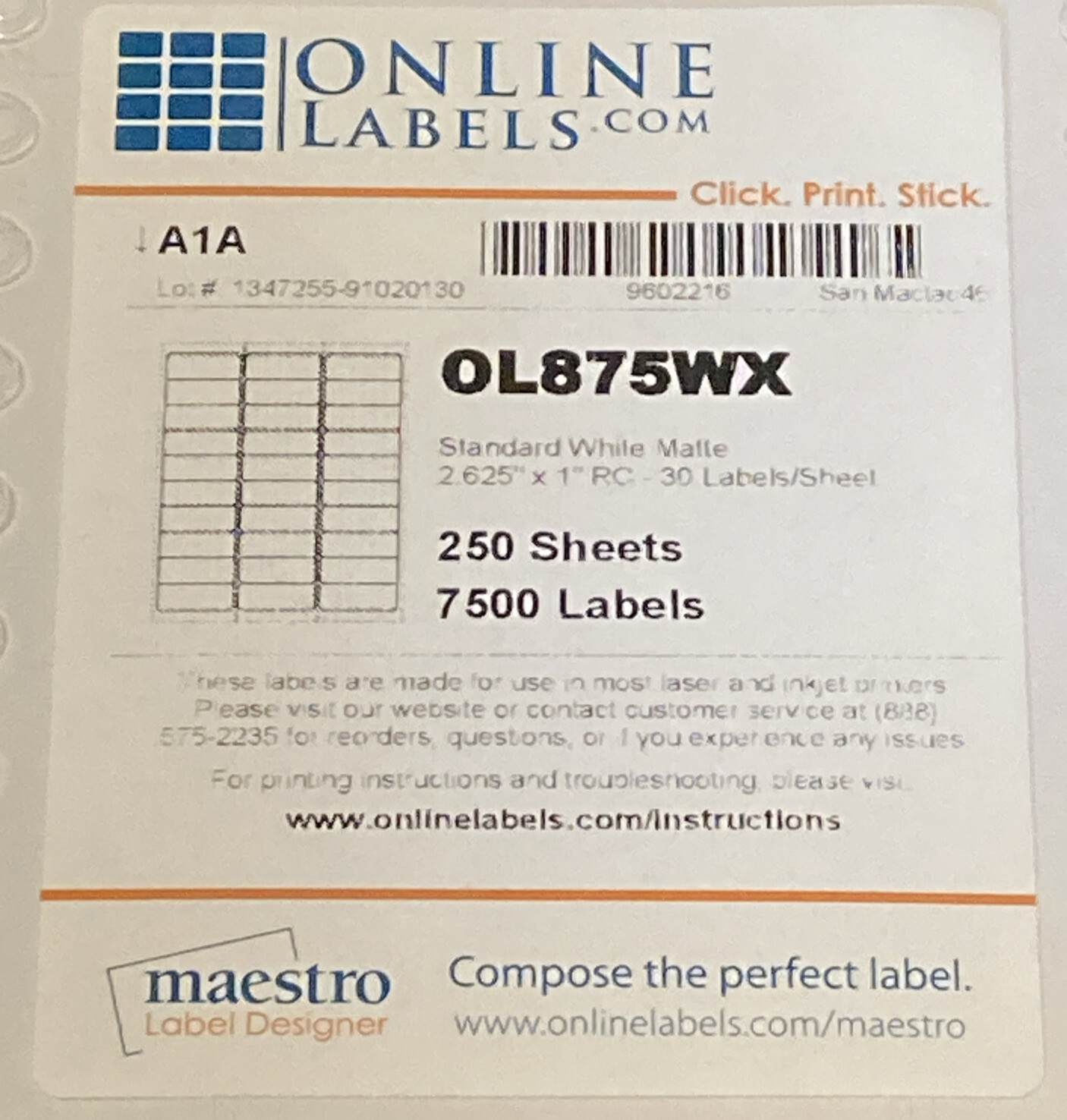 Online Labels Standard White 250 sheets 30per sheet 7500 labels OL875WX ...