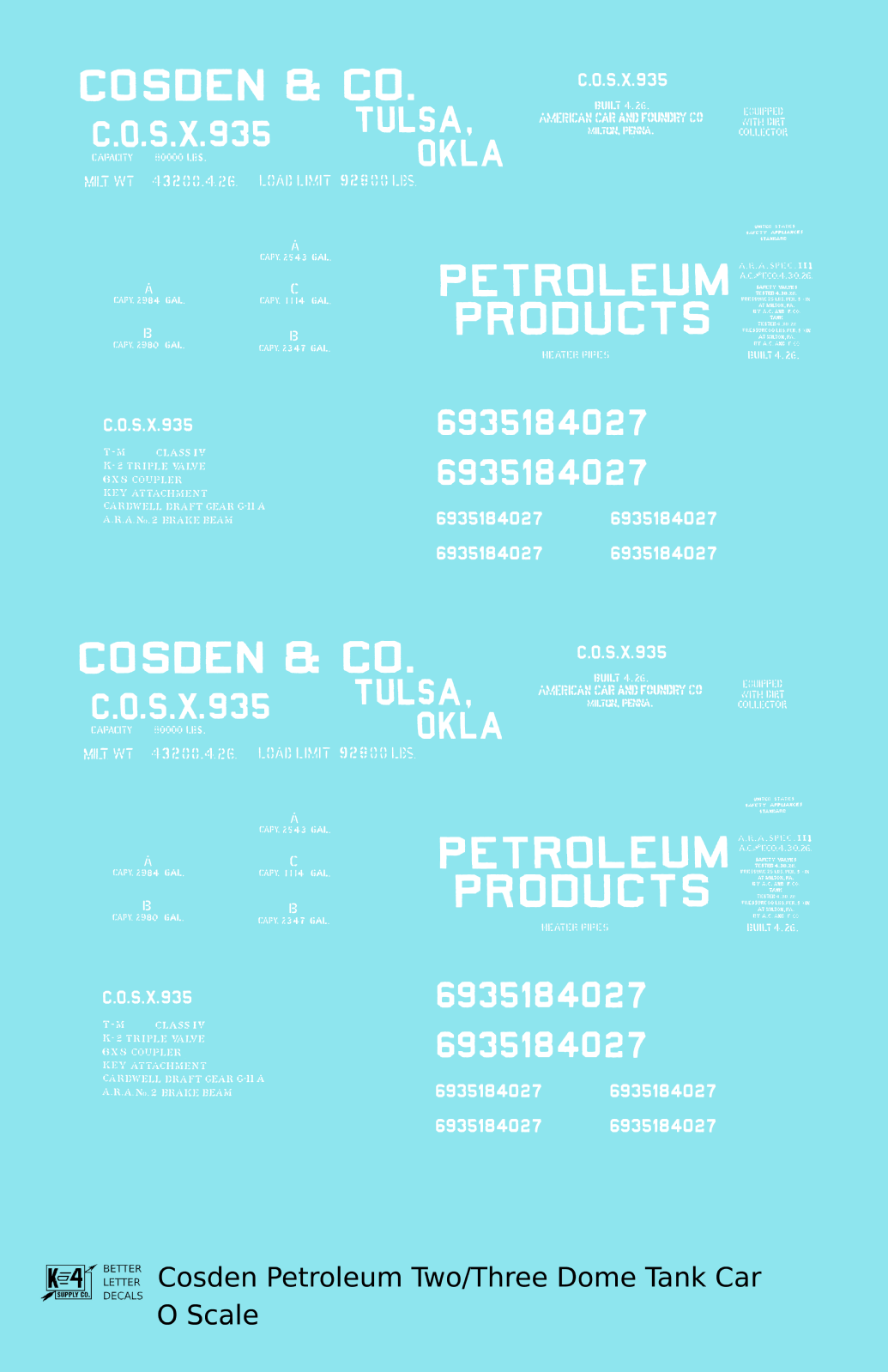 K4 O Scale Decals Cosden Petroleum Two/Three Dome Tank Car White Tulsa ...