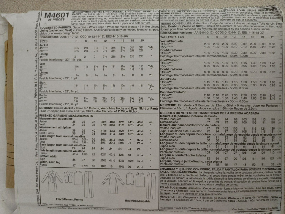 McCall's M4601 Misses'/Petites Lined Jacket Vest Skirt Pants Vest Sizes ...