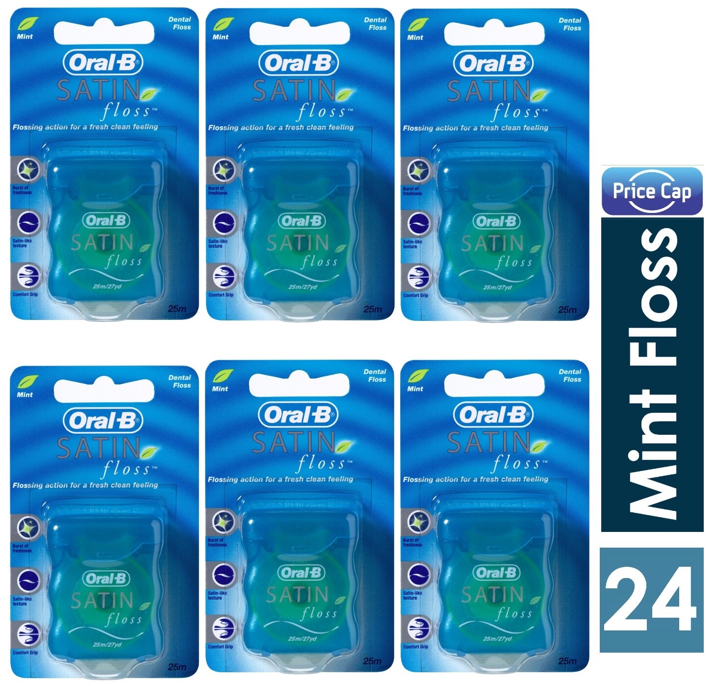 24 x Oral B Satin Floss 25m/27yd | Mint Dental Floss | Comfort Grip ...