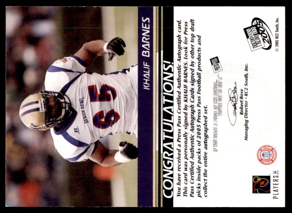2005 PRESS PASS AUTOGRAPHS BRONZE KHALIF BARNES AUTO ROOKIE WASHINGTON ...