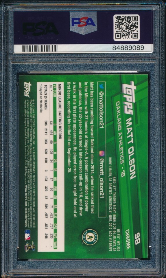 2017 Topps Chrome Baseball Matt Olson ROOKIE #98 PSA 10 BRAVES GEM MINT ...