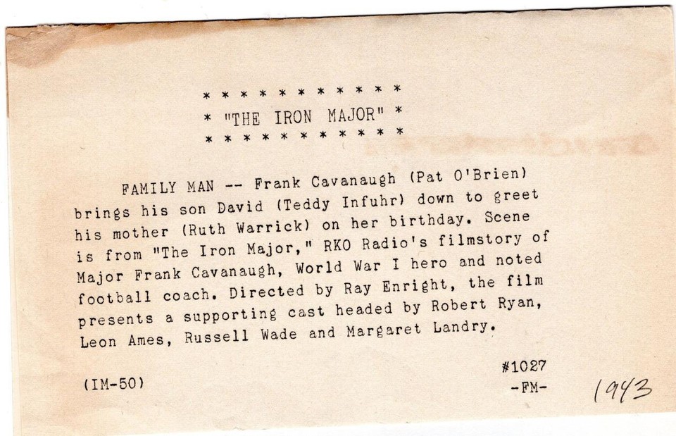 Pat O'Brien, Ruth Warrick, Teddy Infuhr "The Iron Major" movie still | eBay