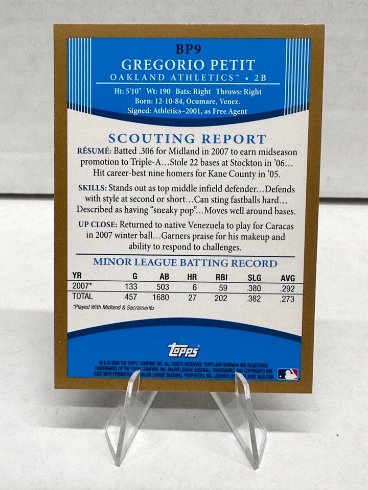 2008 Bowman 1st Prospects Gold Card #BP9 Gregorio Petit Oakland Athletics | eBay