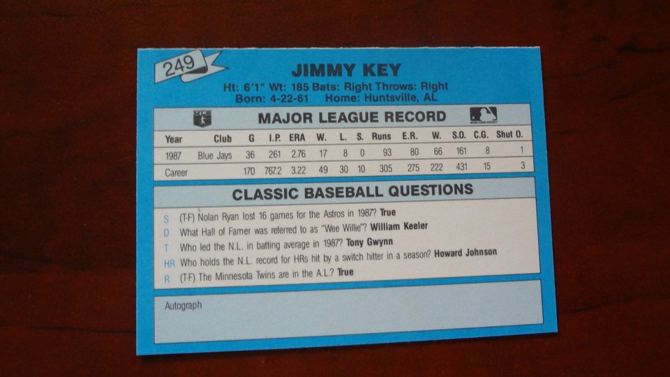 1988 CLASSIC GAMES INC. #249 JIMMY KEY BASEBALL CARD | eBay