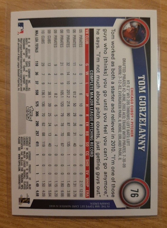 2011 TOPPS WALMART BLACK BORDER TOM GORZELANNY #76 CHICAGO CUBS | eBay