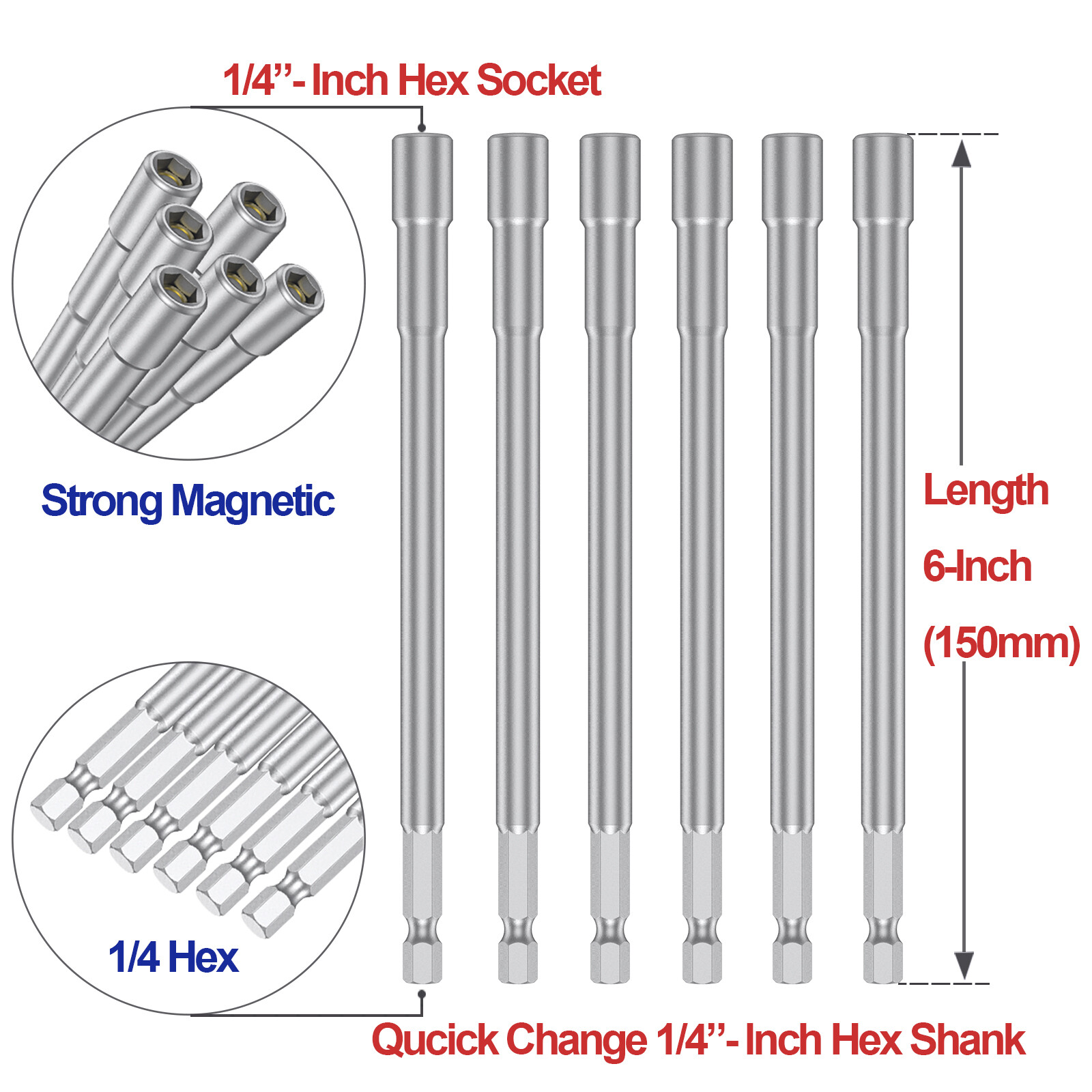 6Pcs Magnetic Nut Driver Long Impact Nut Driver 1/4inch Hex Shank to ...