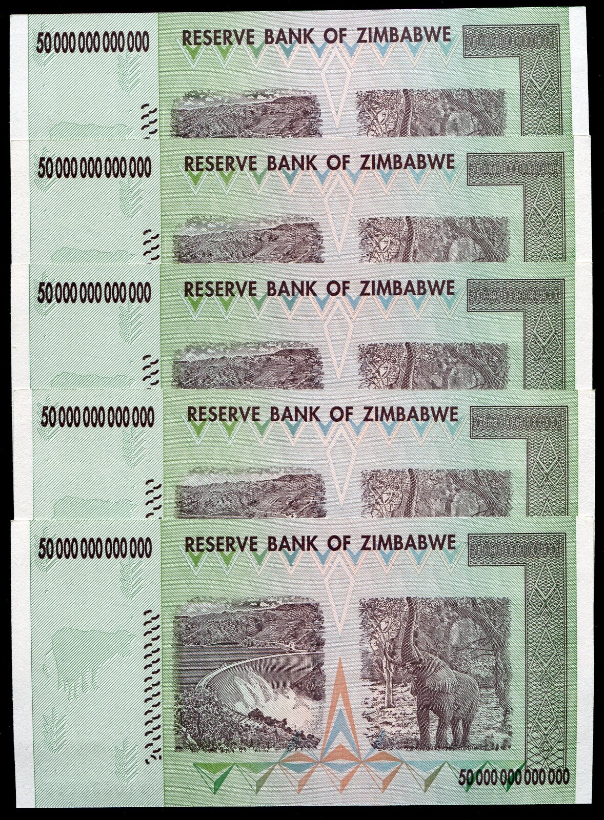 5 CONSECUTIVE 2008 50 TRILLION DOLLARS ZIMBABWE, AA P-90 UNC 100 ...
