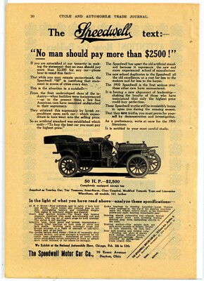 1910 Speedwell Motor Car Co. Ad: Model 50 Pictured w Specs - Dayton ...