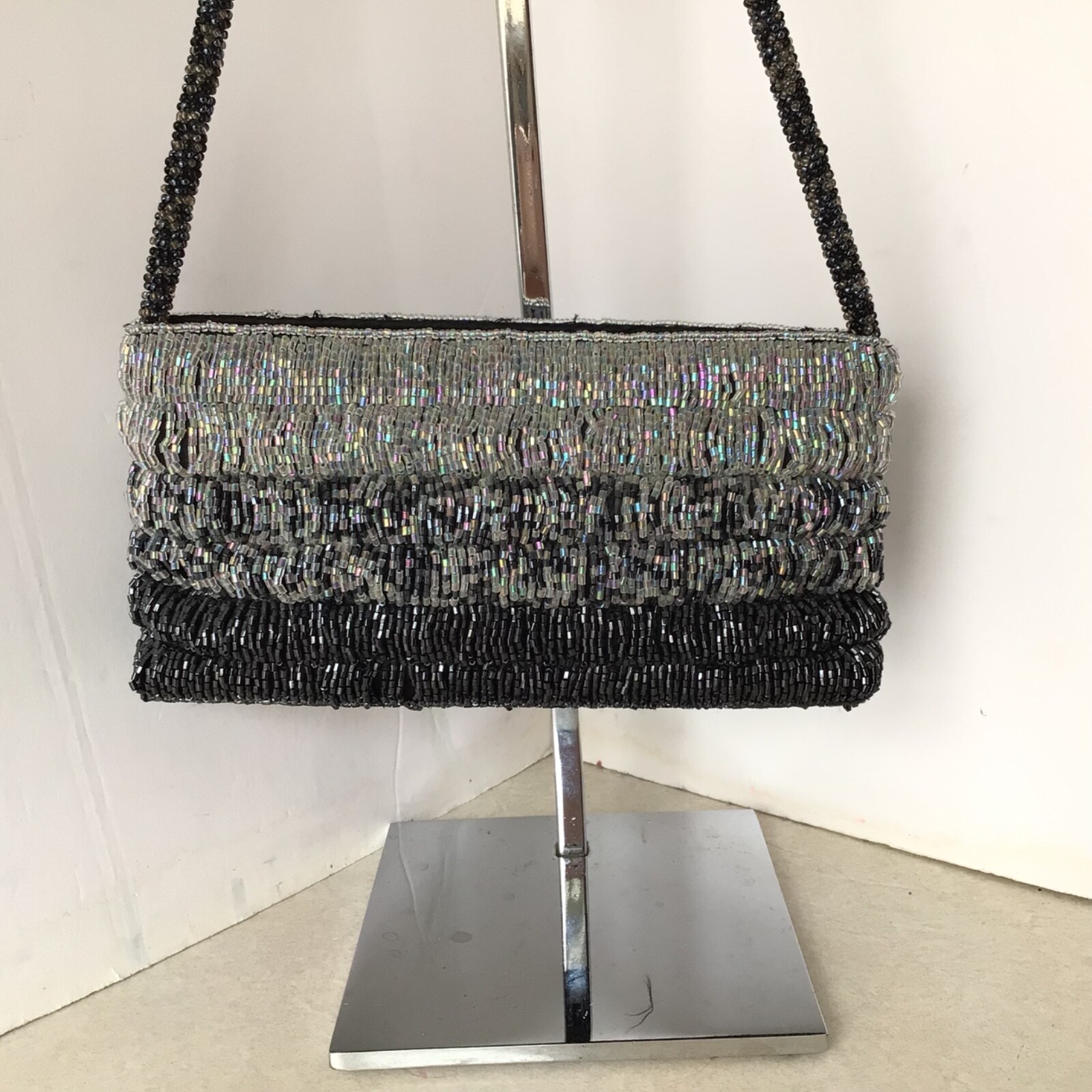 Lancome Beaded Purse Clutch Evening Bag w/ Handle - Black & Silver ...