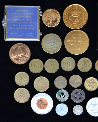 Lot of Vtg 30 Tokens (Parking, Arcade, Transit), Medals, Commemoratives ...