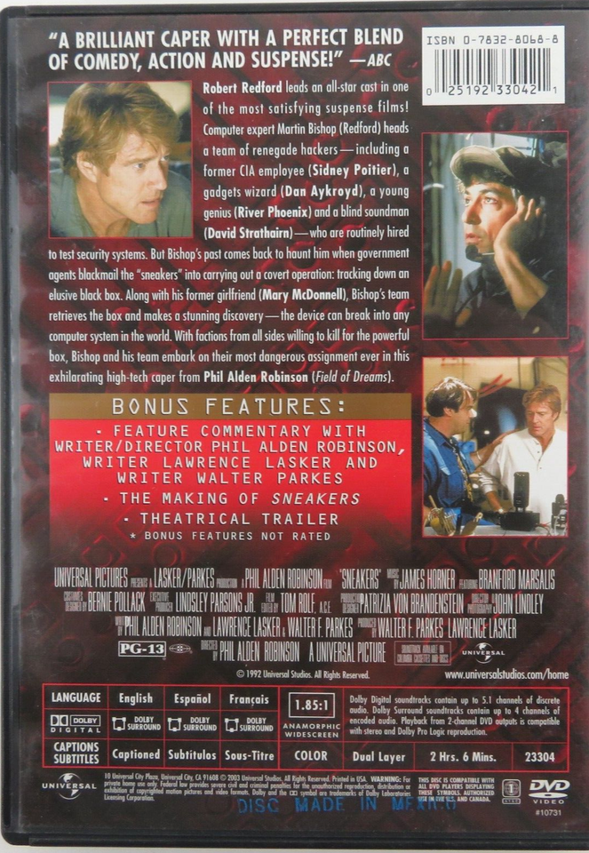 Sneakers - Robert Redfern, Sidney Poitier, Dan Aykroyd (DVD, 2003, 1 ...