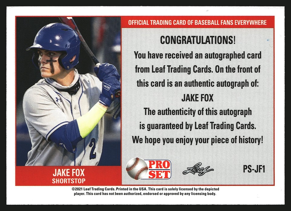 2021 Pro Set Jake Fox #PS-JF1 Autographs AU | eBay