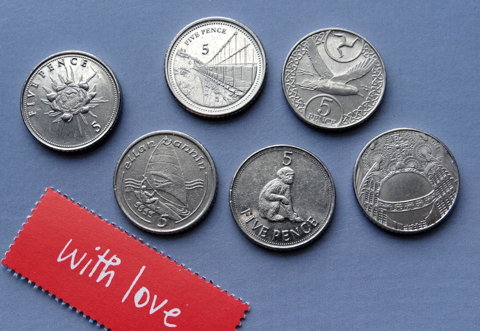 5 pence coins 🇬🇮 GIBRALTAR Monkey Bridge * ISLE of MAN 🇮🇲 British 5 p ...