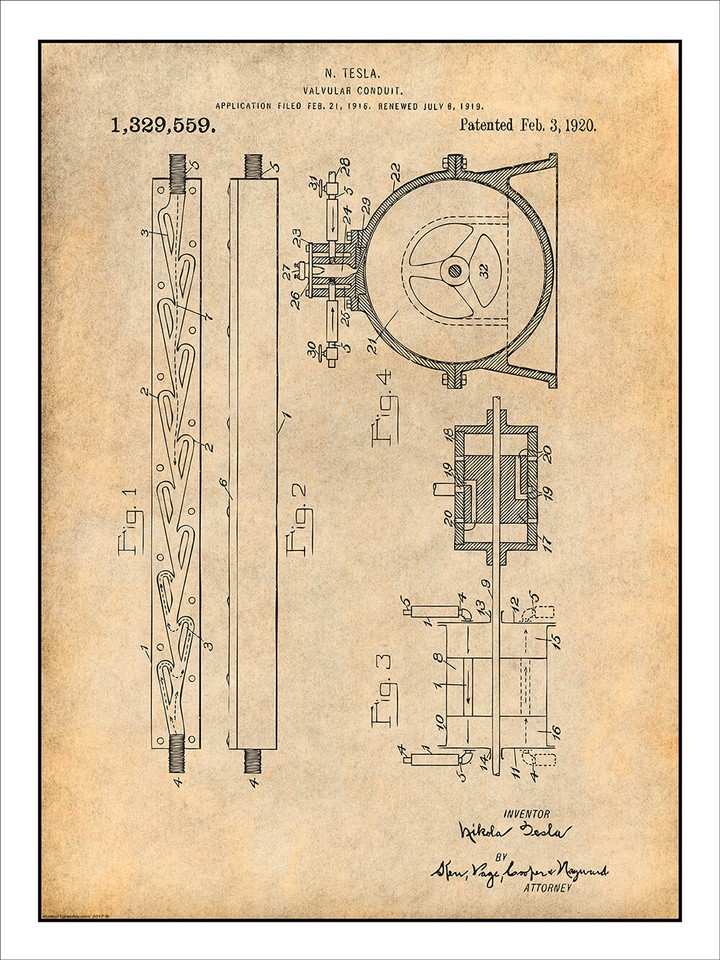1919 Tesla Valvular Conduit Patent Print Art Drawing Poster | eBay