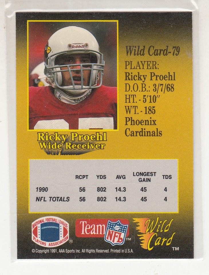 RICKY PROEHL 1991 Wild Card NFL #79 Parallel 5 Stripe Phoenix Cardinals ...