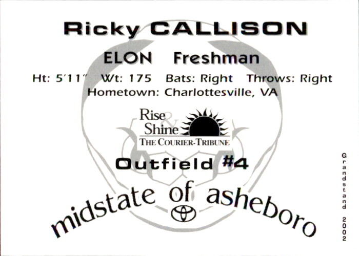 2002 Asheboro Copperheads Grandstand #2 Ricky Callison Charlottesville ...