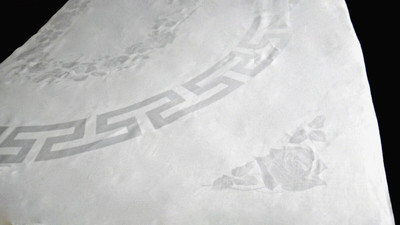 Vintage Damask Linen Tablecloth 88x74" Large Roses Greek Key Pattern ...