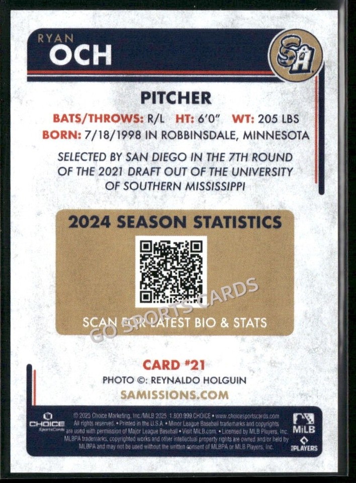 2025 San Antonio Missions Ryan Och RC Rookie Padres Minor League | eBay