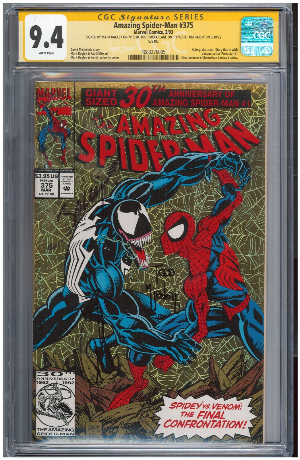 Amazing Spider-Man #375 Gold Signed Tom Hardy Todd McFarlane Mark ...