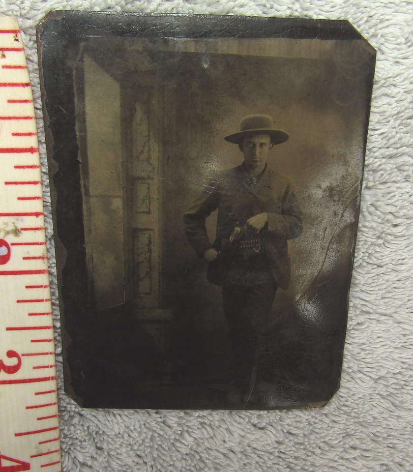 Tintype Armed Cowboy or Outlaw Colt single action. Ammo belt Clear face ...