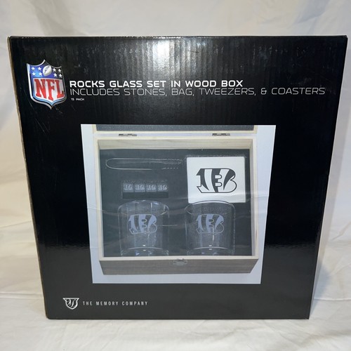 Cincinnati Bengals - Rocks Glass Set in Wood Box W/Stones Bag Tweezers ...