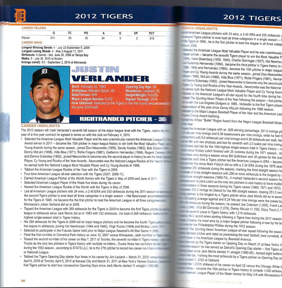 2012 Detroit Tigers Baseball Media Guide | eBay
