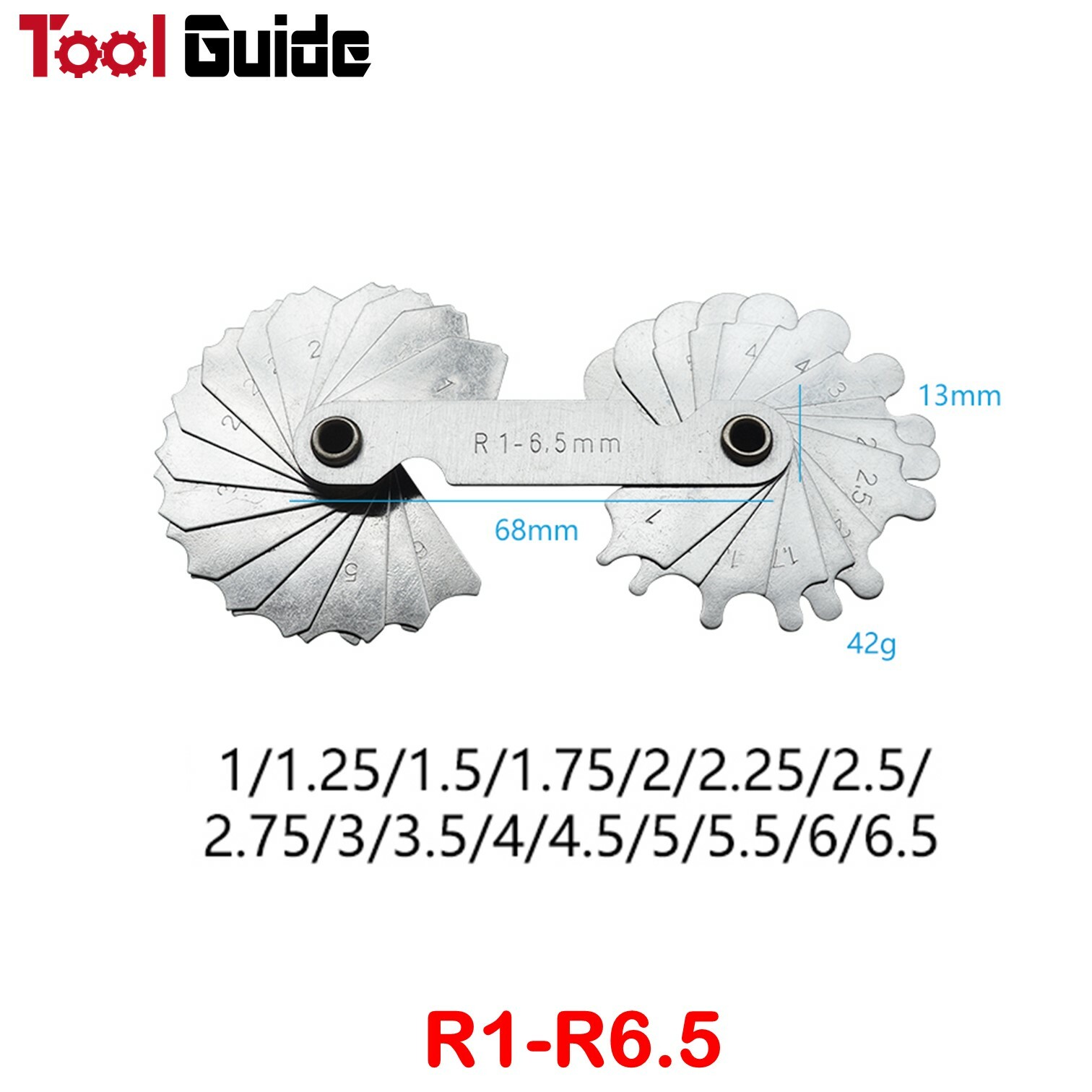 6PC Radius Gauge Metric External Internal R1-6.5,R7-14.5,R15-25,R25-50 ...