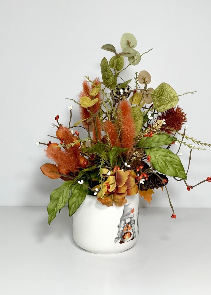 FALL CENTERPIECE ARRANGEMENT AUTUMN HARVEST CERAMIC PILGRIM GNOMES ...