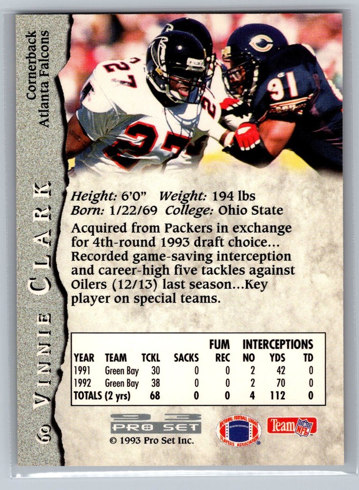 1993 Pro Set Football #60 Vinnie Clark Atlanta Falcons | eBay