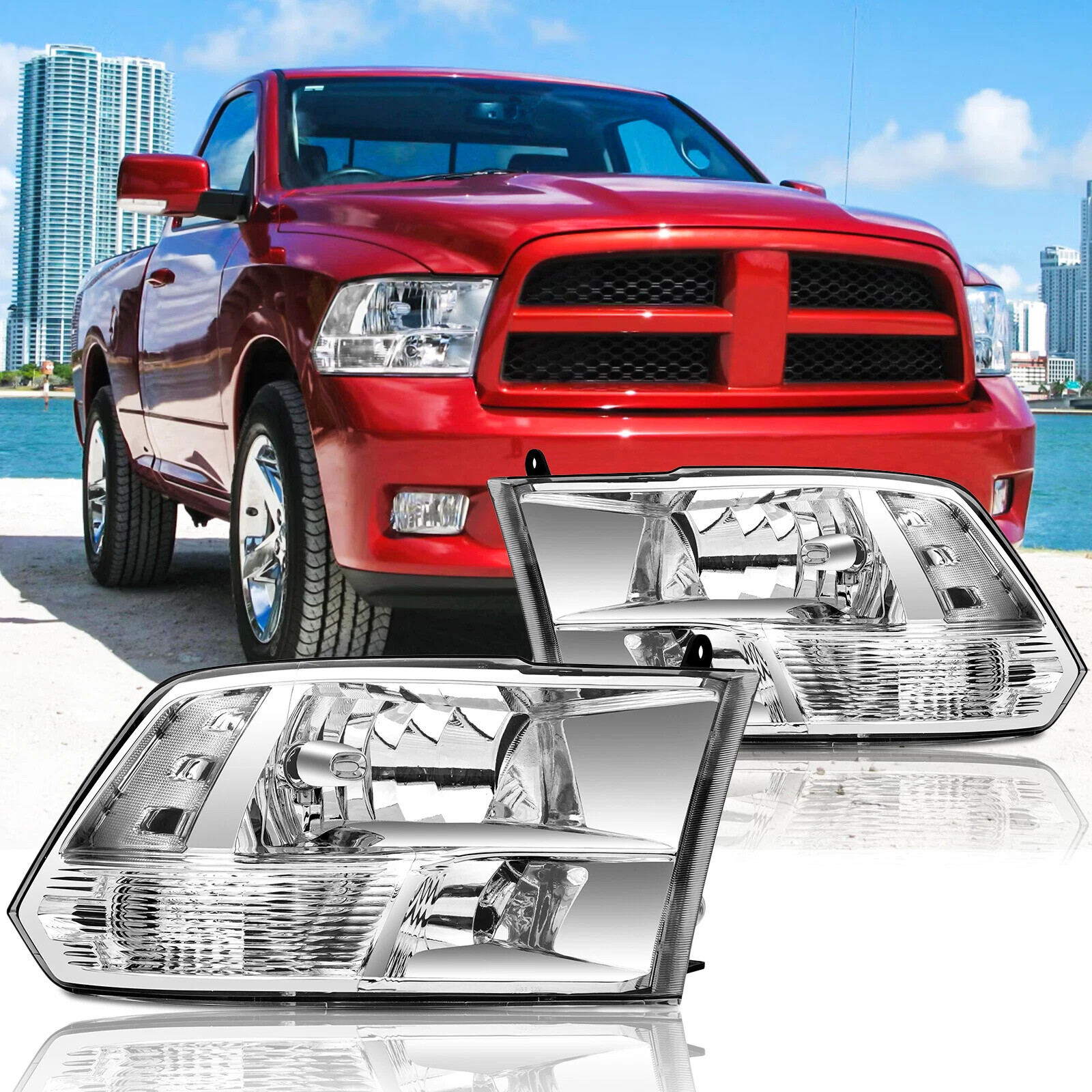 Headlights For 2009-2018 Dodge Ram 1500 2500 3500 Quad Chrome Headlamps ...