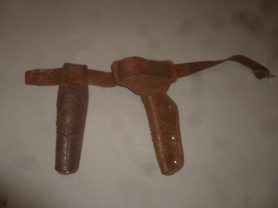 VINTAGE BROWN MATTEL SHOOTIN SHELL FANNER DOUBLE CAP GUN HOLSTER W BELT ...