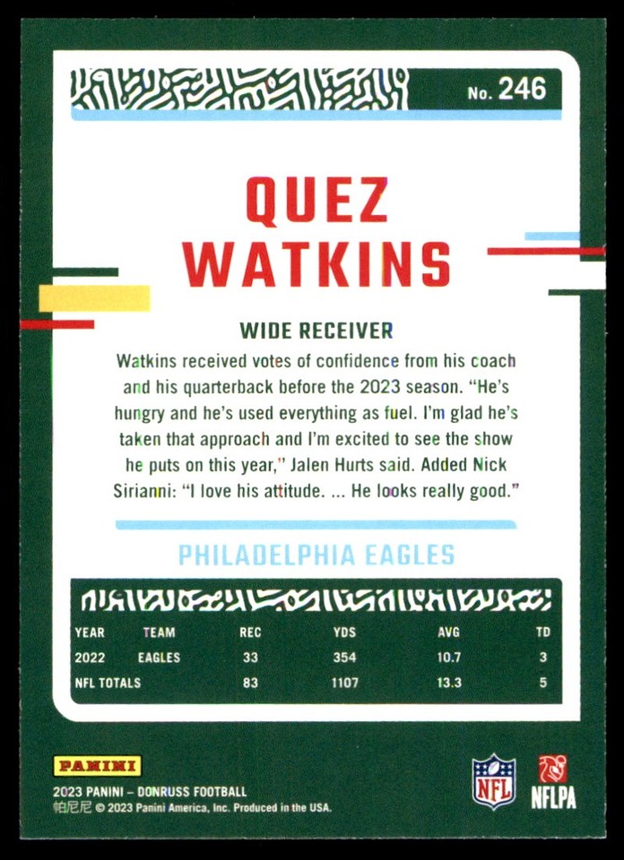 Quez Watkins 2023 Donruss #246 Eagles NFL READ FREE SHIPPING ...