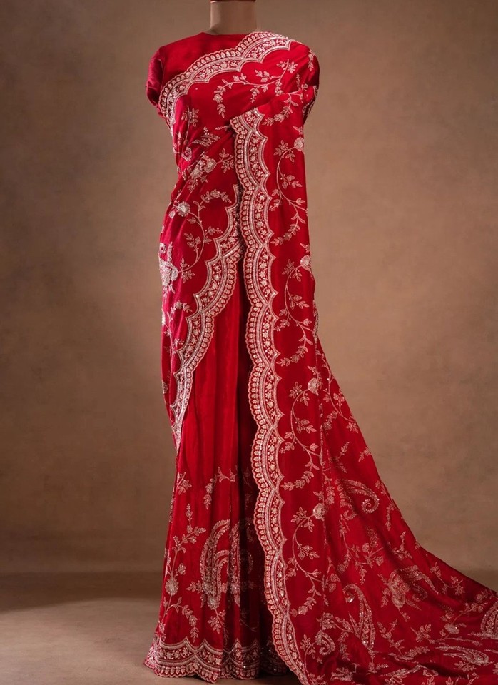 Bridal Red Fandy Satin Silk Saree| Multi-thread Silver Zari Sequins ...