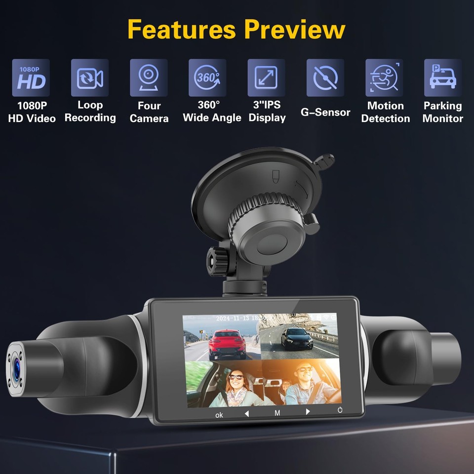 Dash Cam 360° View Front and Rear Inside, 4 Channel 3" Display 1080P ...