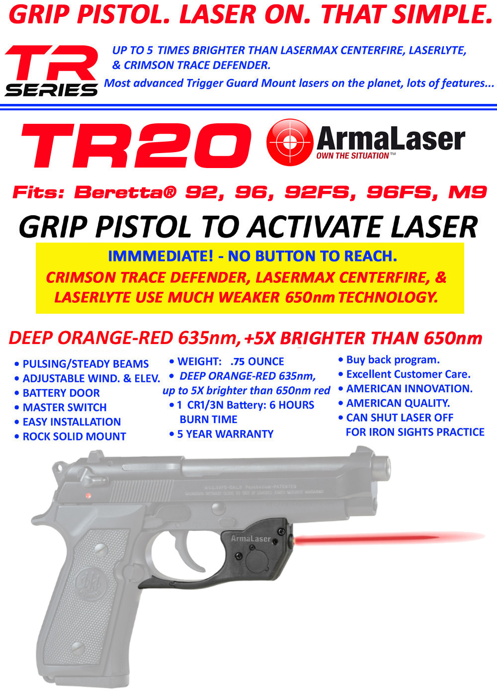 ArmaLaser TR20 / TR20S Red Laser - Beretta® 92 96 92FS 96FS M9 M92 FS w ...