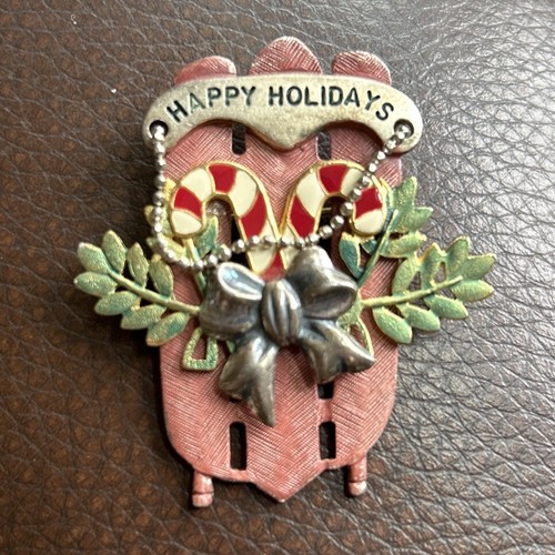 Metal Sled Pin Brooch Ornament Silver Tone Enamel Candy Canes Christmas ...