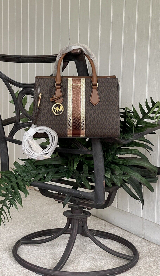 MICHAEL KORS SHEILA MEDIUM SATCHEL METALLIC MK BROWN LOGO GOLD SHOULDER ...