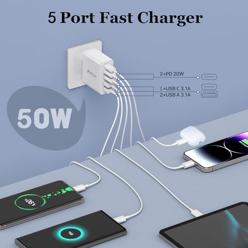 50W 5-Port USB-C Fast Charger Block for iPhone 12/13/14/15 & Samsung ...