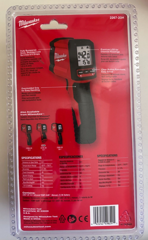 MILWAUKEE 2267-20H 10:1 Infrared Thermometer LCD Display Temperature ...