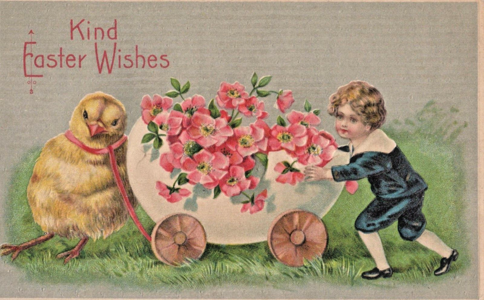 1909 Easter Chick Pull Flower Carriage Boy Anthropomorphic Embossed ...