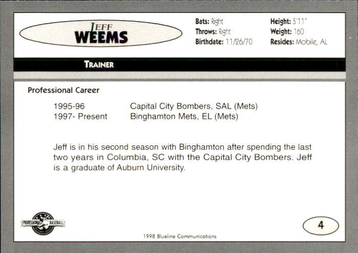 1998 Binghamton Mets Q-Cards #4 Jeff Weems Mobile Alabama AL Baseball ...