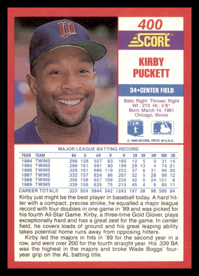 1990 Score #400 Kirby Puckett | eBay