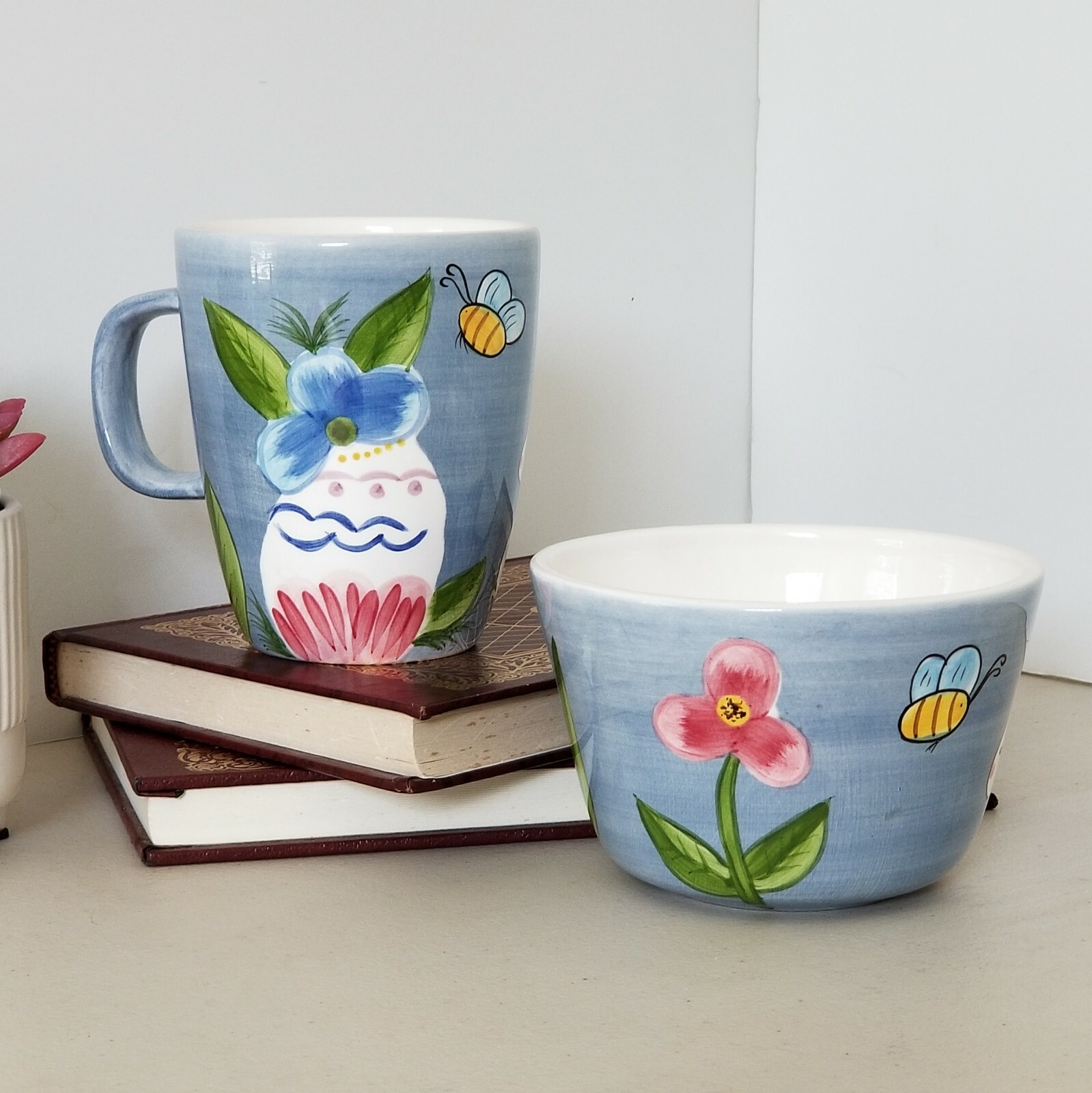 Laurie Gates Gates Ware Bunny Flower Mug and Bowl 2 Sets one Blue one ...
