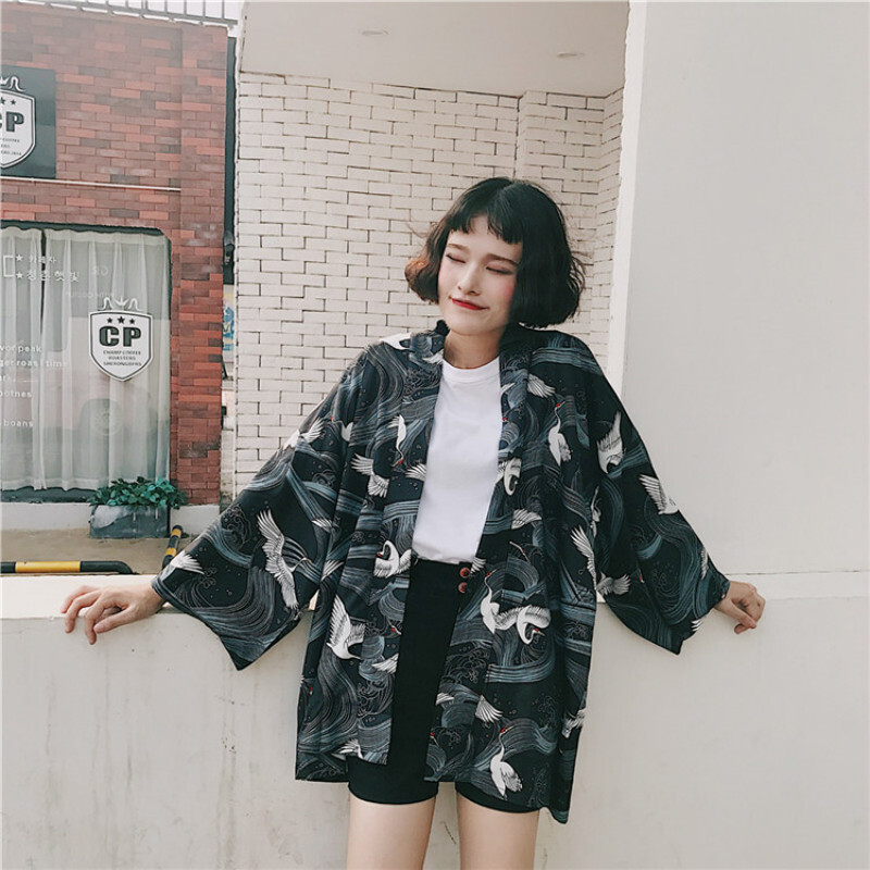 Women Crane Japanese Kimono Coat Jacket Harajuku Loose Yukata Outwear ...