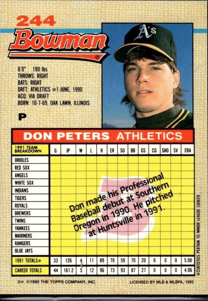 1992 Bowman Don Peters Oakland Athletics #244 | eBay